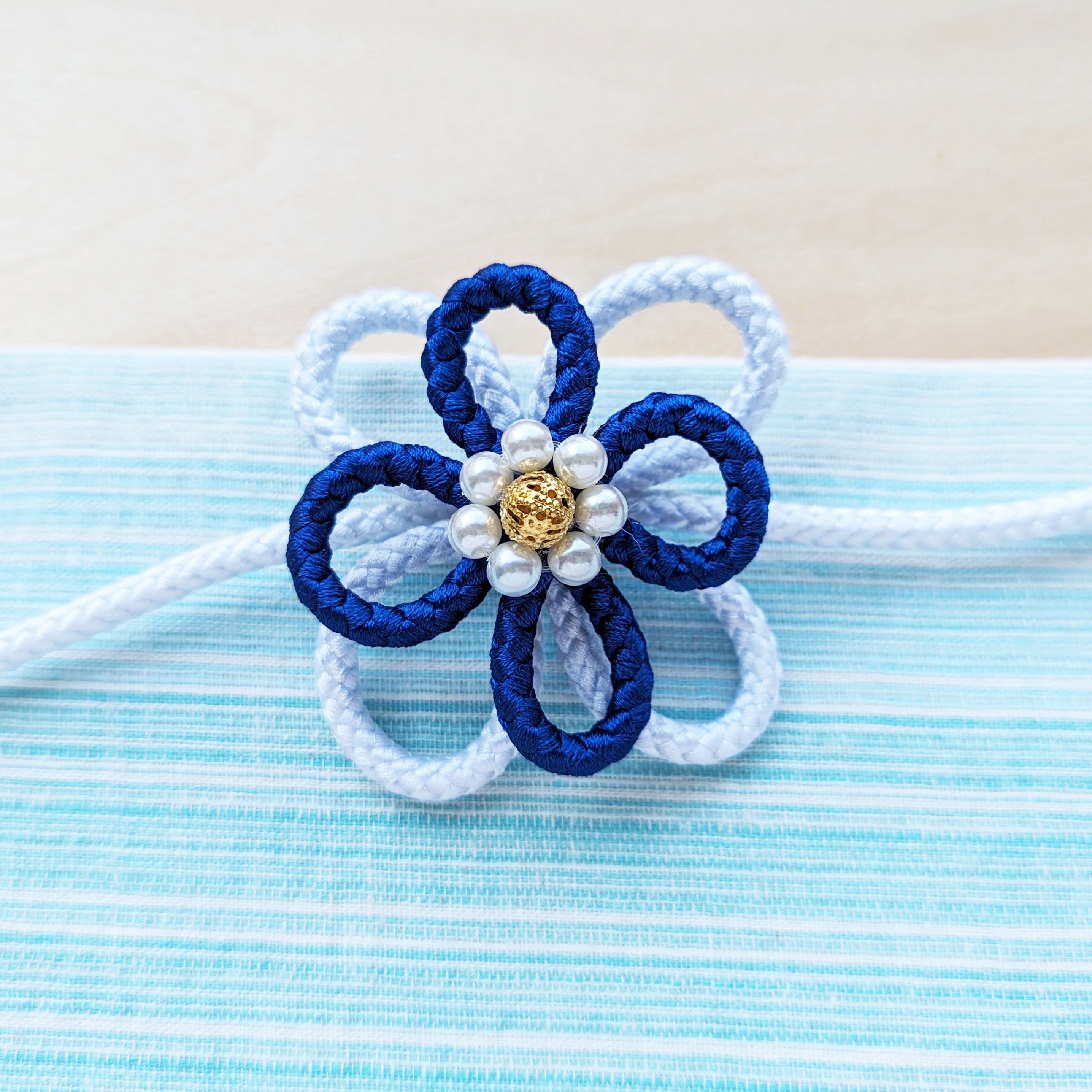 Japanese Kazari Himo Decorative String - Blue/White Flower Knot, Obi ...