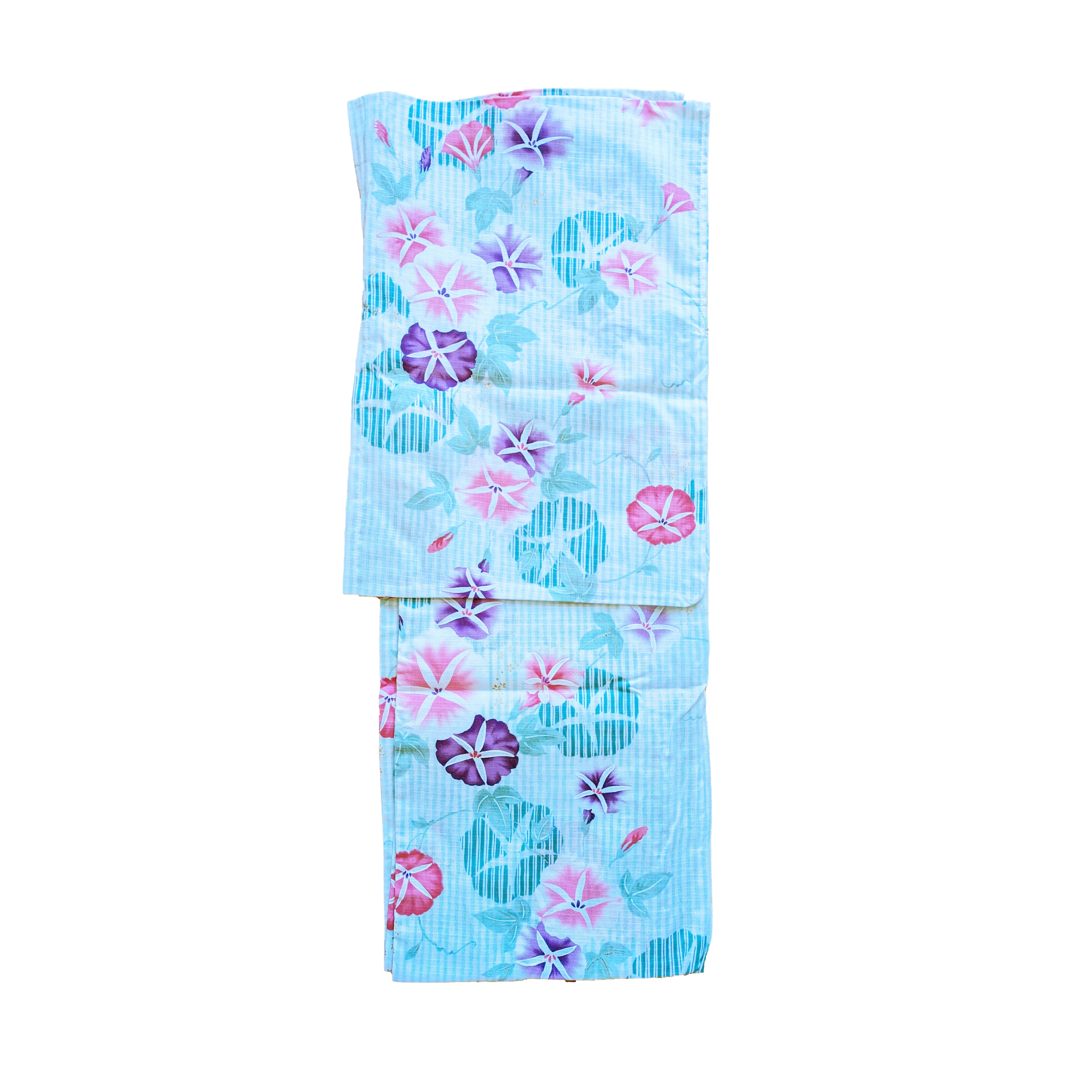 Japanese Yukata Kimono - Pink Purple Morning Glory in Striped Green ...