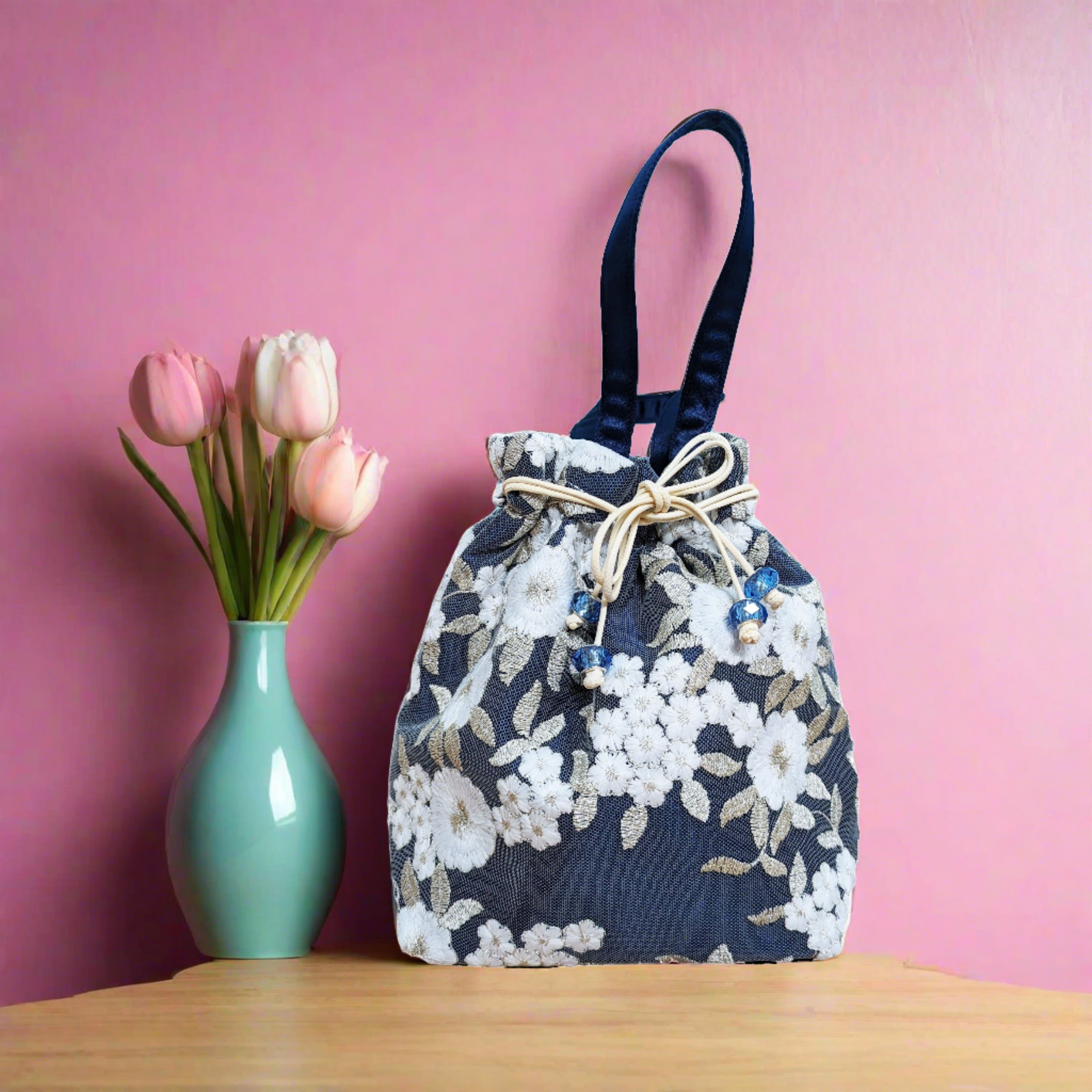 White Floral Embroidery Drawstring Bag - Navy Blue, for Yukata – Modern ...