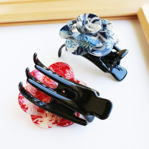 Acrylic Chirimen Camellia Claw Clip - Kimono Hair Accessories – Modern Sakura